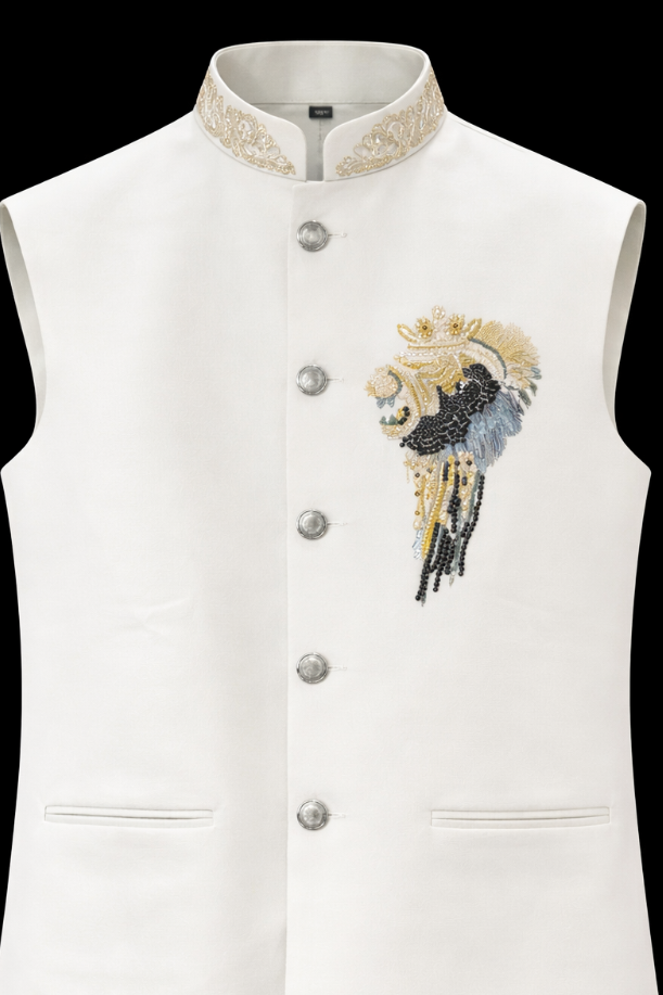 Ivory Nehru Jacket with Handcrafted Beaded Lion Emblem – House of ...
